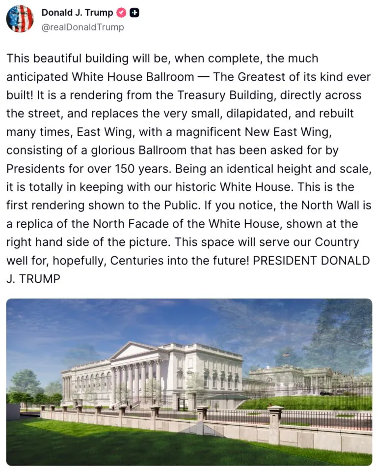 Trump Releases New Rendering Of Future White House Ballroom: ‘Greatest ...
